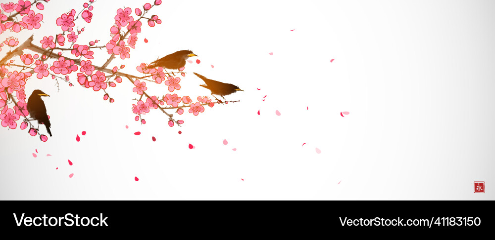 Birds sitting on blossoming sakura branch Vector Image