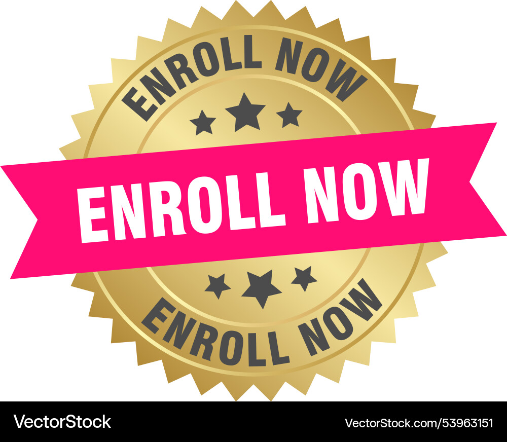 Enroll now round pink and gold label Royalty Free Vector