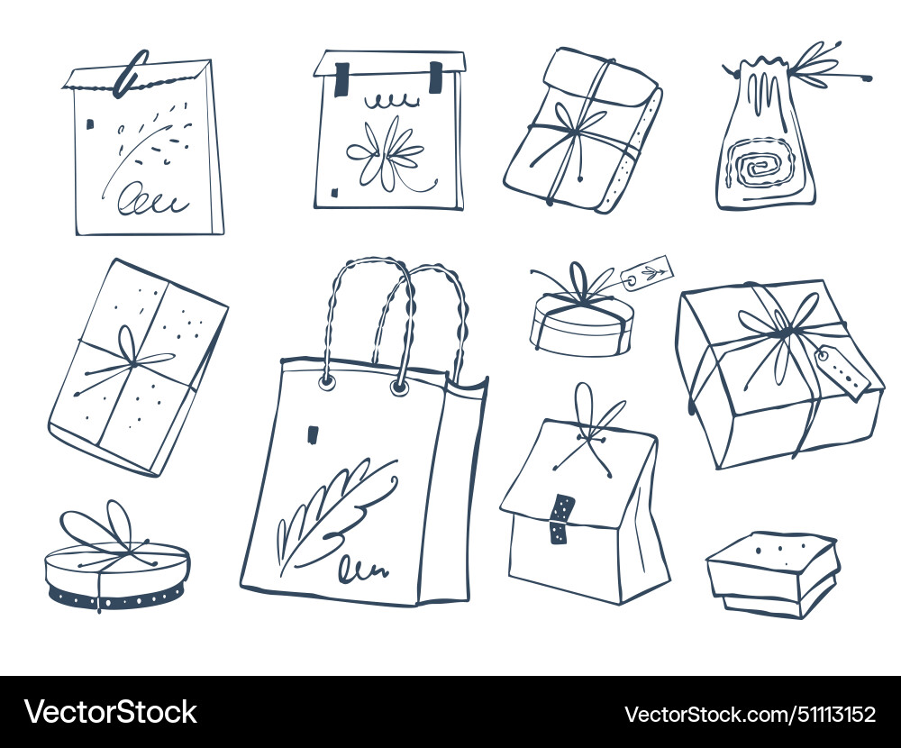 Gift wrapping doodle-style linear drawing Vector Image