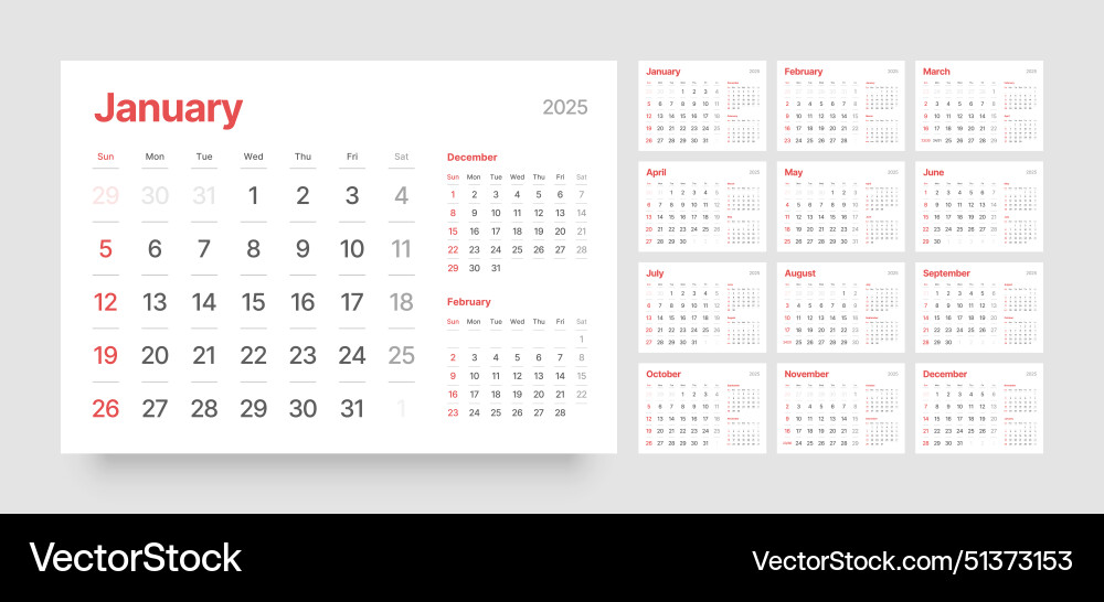 Monthly calendar layout for 2025 planner diary Vector Image