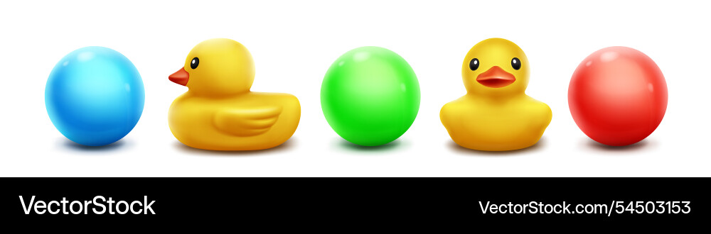 Rubber ducks and balls set isolated on white Vector Image