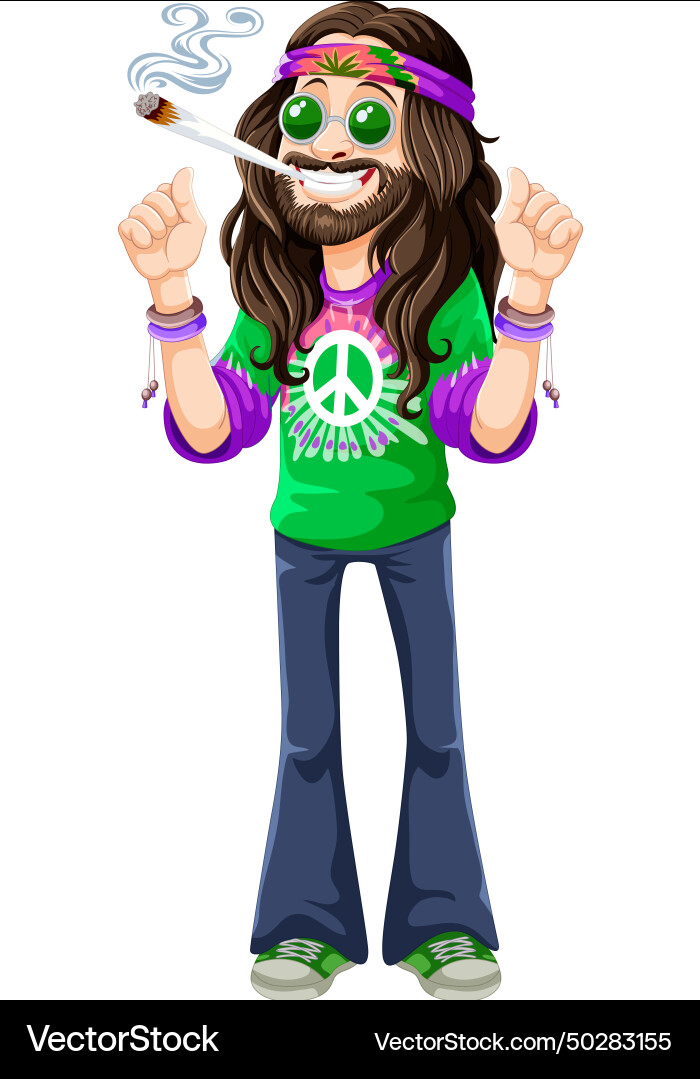 Cartoon hippie with peace sign and smoking joint Vector Image