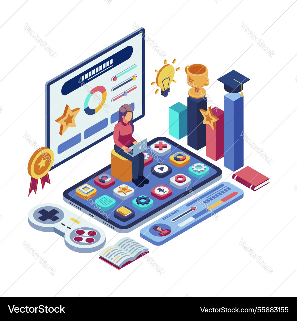 Isometric students using gamified learning Vector Image