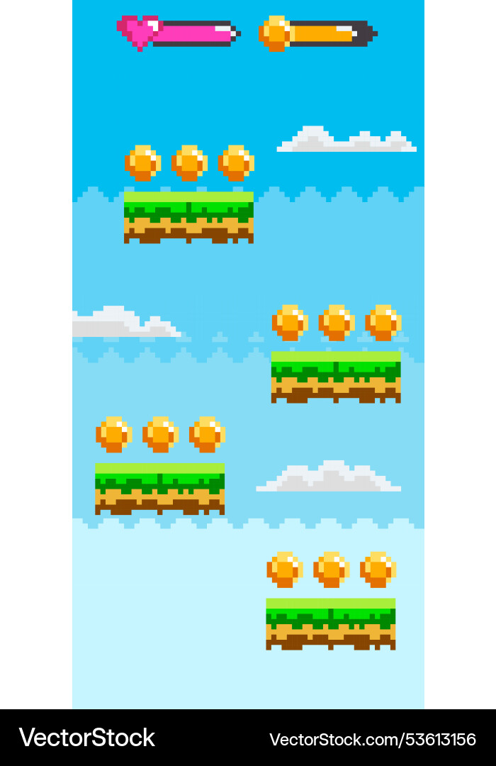 Pixel art gaming level with floating platforms and