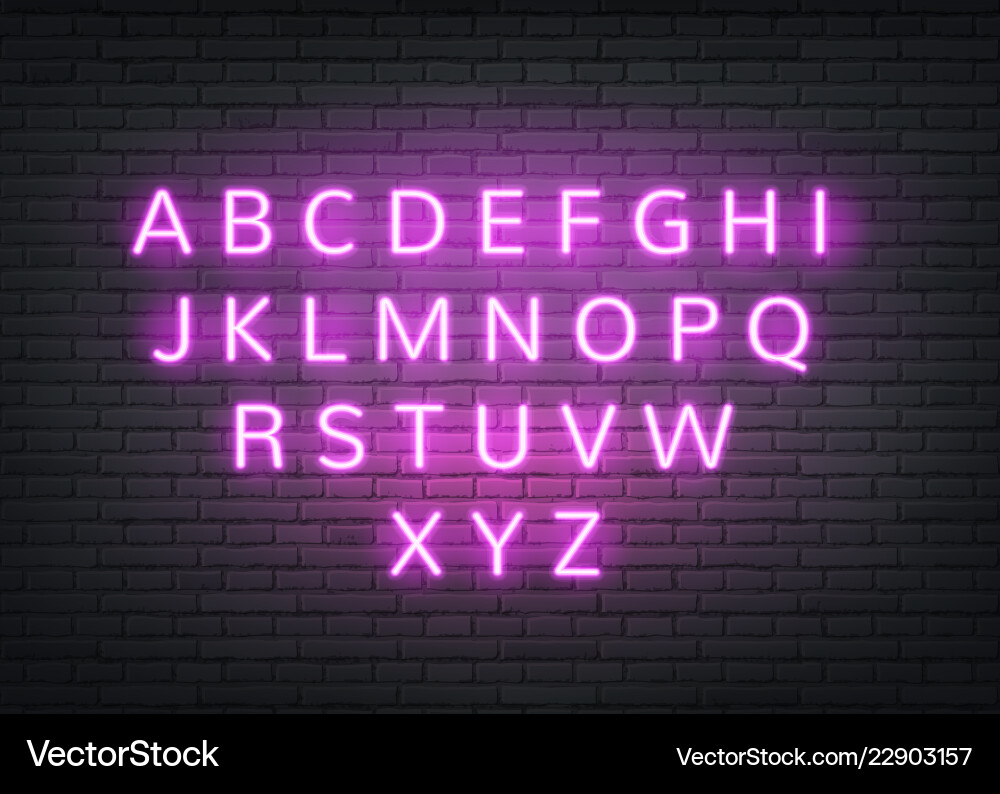 Neon alphabet retro letters on brick wall Vector Image