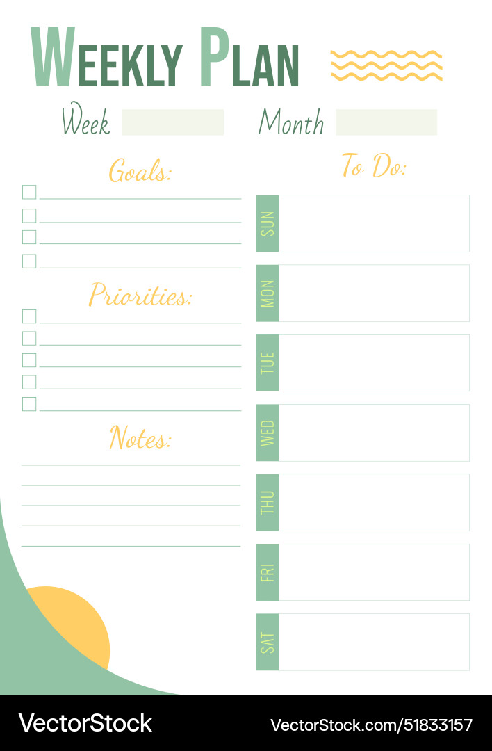 Vertical a4 format weekly personal plan schedule Vector Image