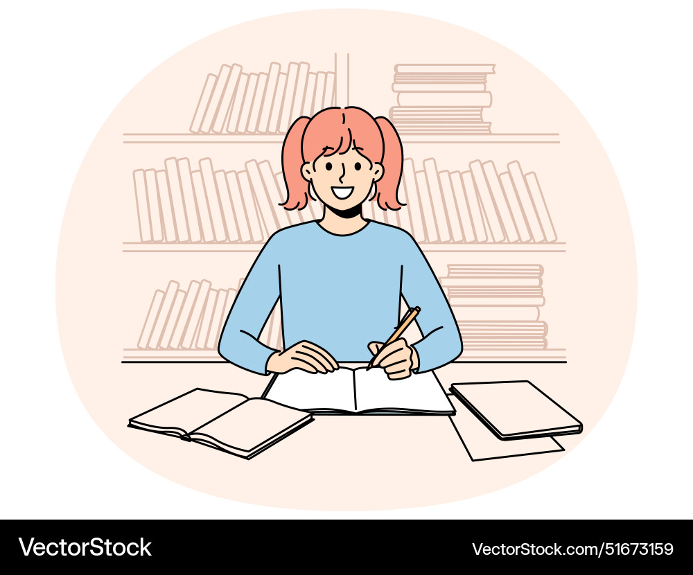 Smiling girl sit at desk for homework Royalty Free Vector
