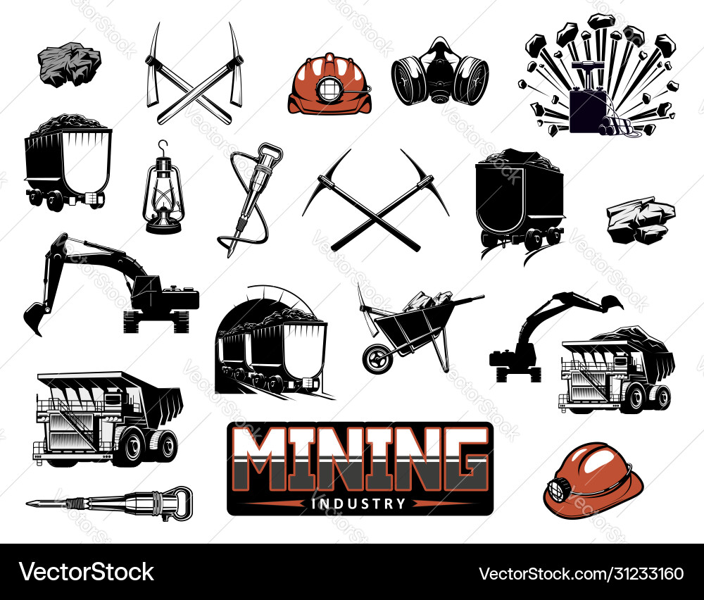 Coal mining machinery miner equipment tools Vector Image