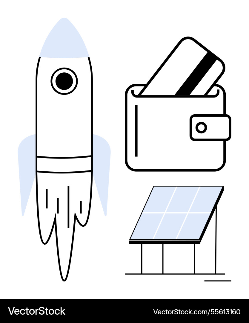 Rocket launch wallet with card and solar panel Vector Image