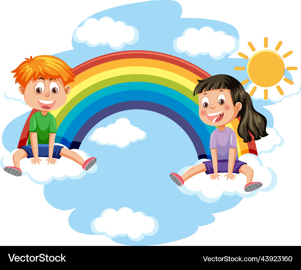 Two kids sitting cloud with rainbow Royalty Free Vector