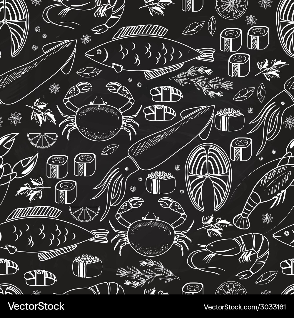 Seafood and fish chalkboard seamless background Vector Image