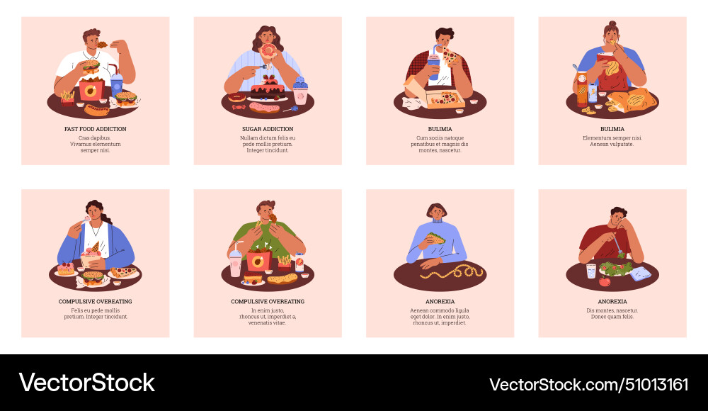 Set of characters with eating disorders Royalty Free Vector