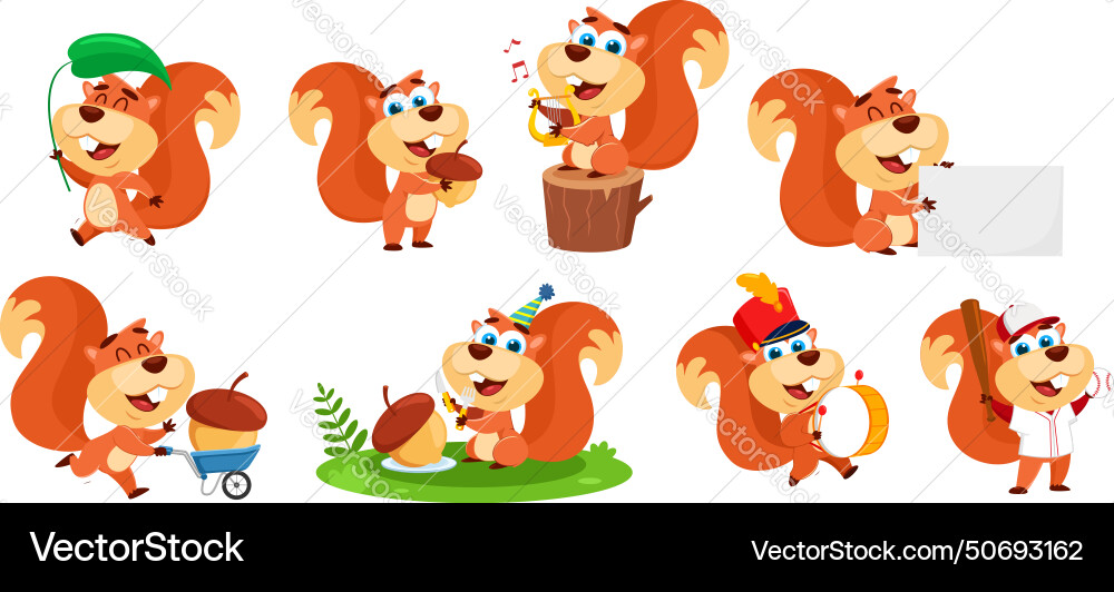 Cute squirrel cartoon character in different poses