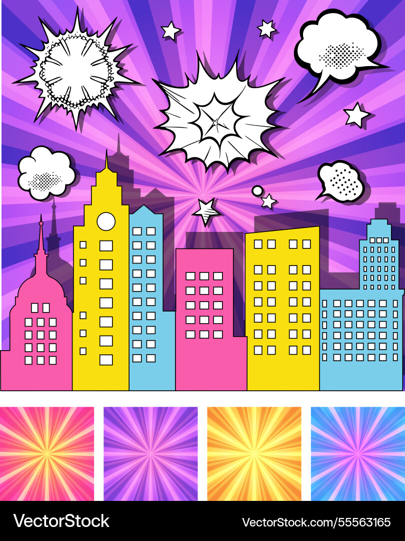 Colorful comic city skyline with speech bubbles Vector Image