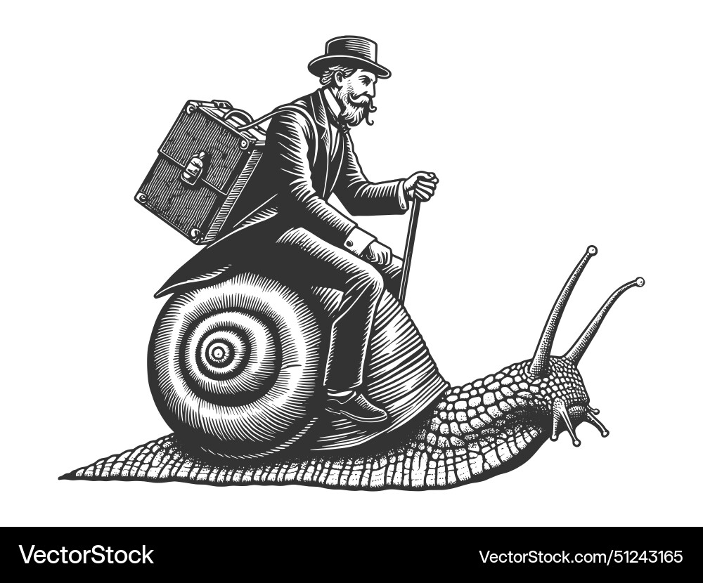 Man riding a giant snail engraving sketch Vector Image