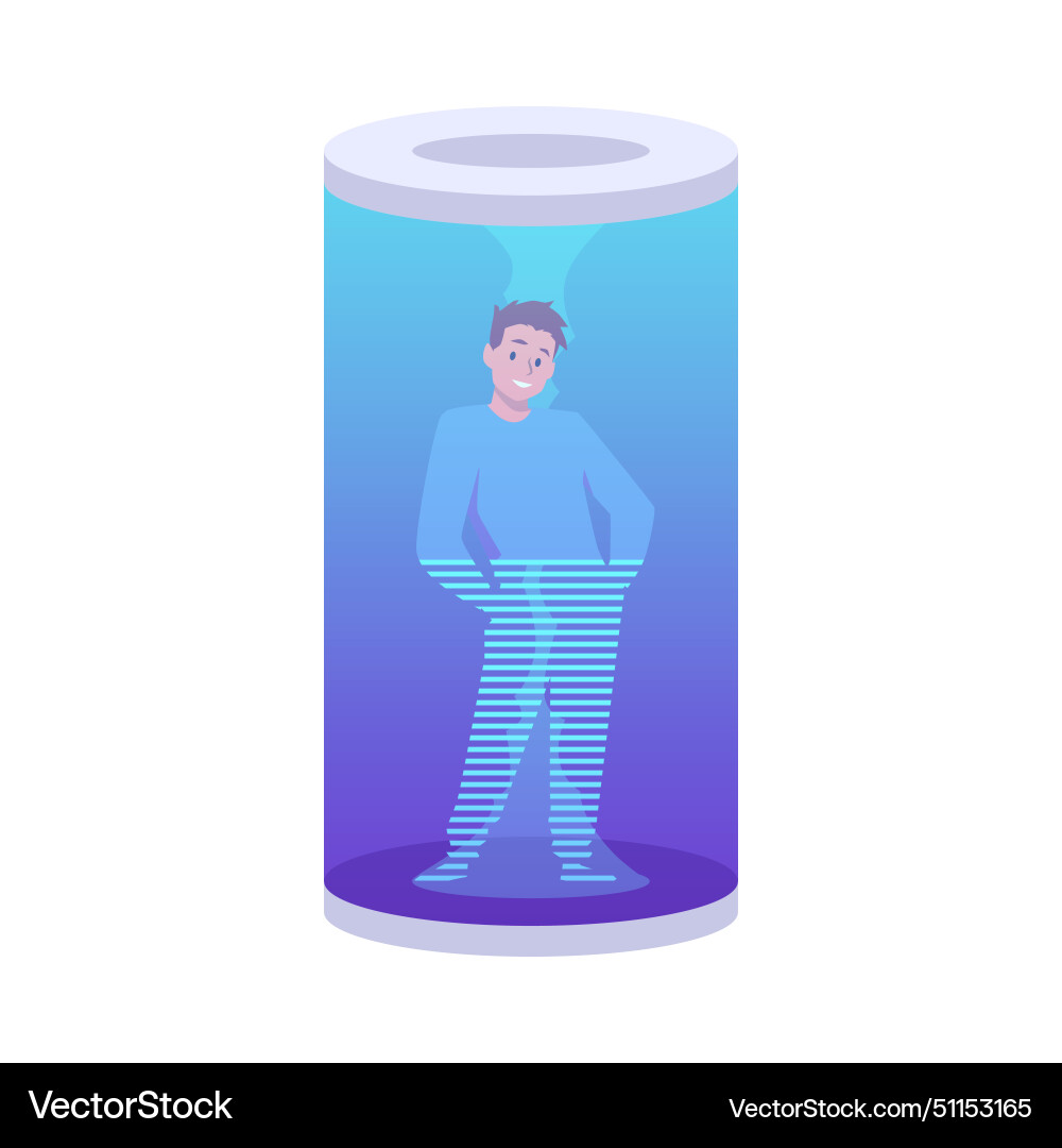 Teleporting machine with a disappearing man on an Vector Image