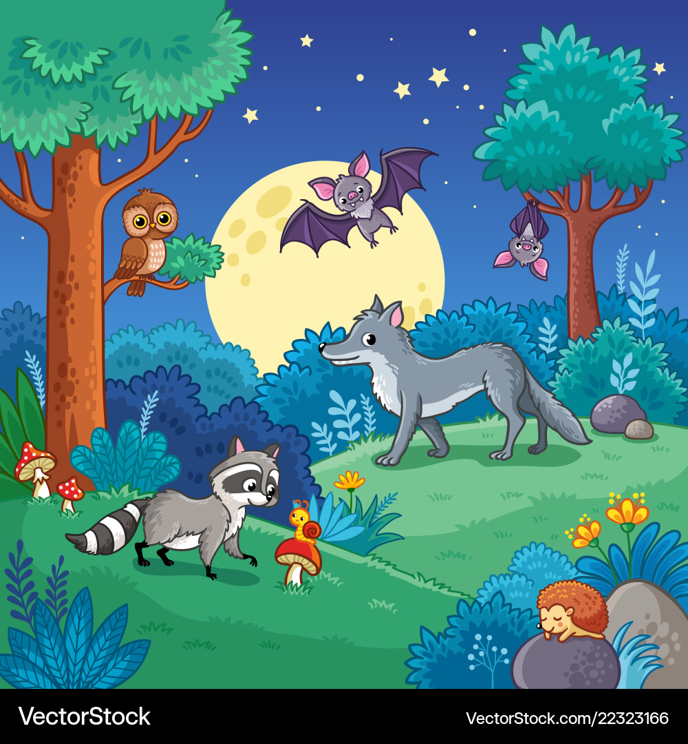 Background with animals in the night forest Vector Image