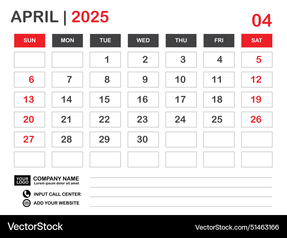 Calendar 2025 template april layout Royalty Free Vector