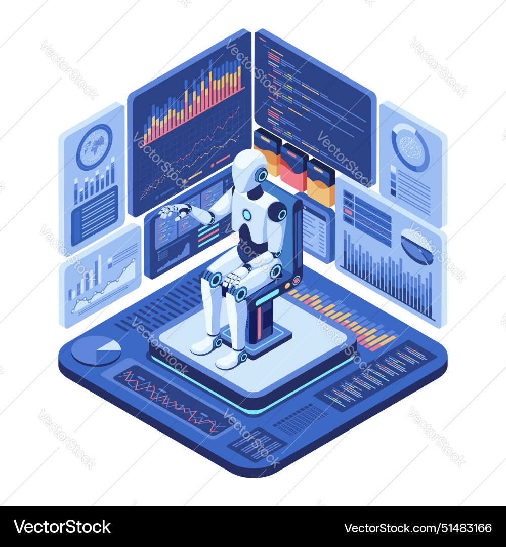 Isometric ai robot analyzing complex financial Vector Image Isometric ai robot analyzing complex financial Vector Image