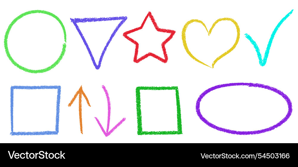 Set of multicolored crayon drawn shapes and frames