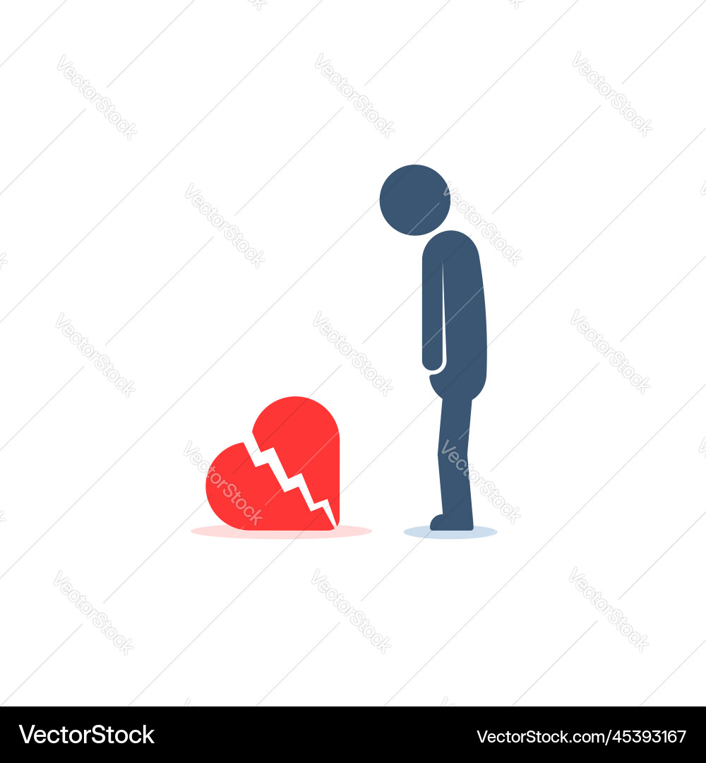 Sad stick figure near broken heart Royalty Free Vector Image