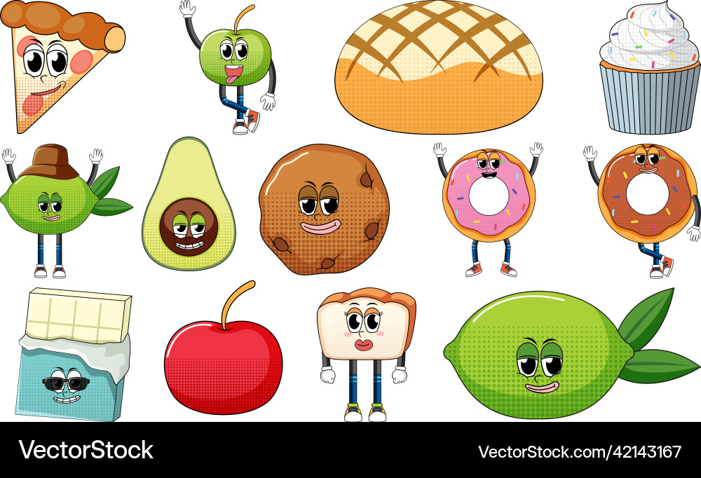 Vintage Food Faces - Cartoon Expressions Vector Image