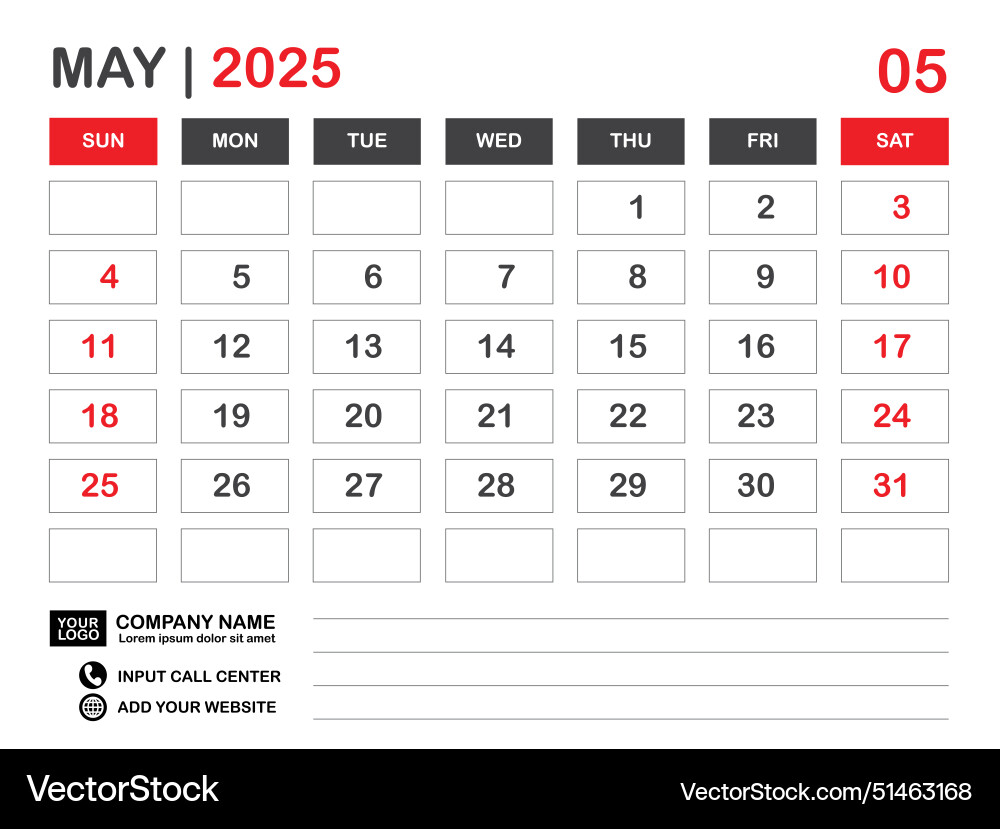 Calendar 2025 template may layout Royalty Free Vector Image