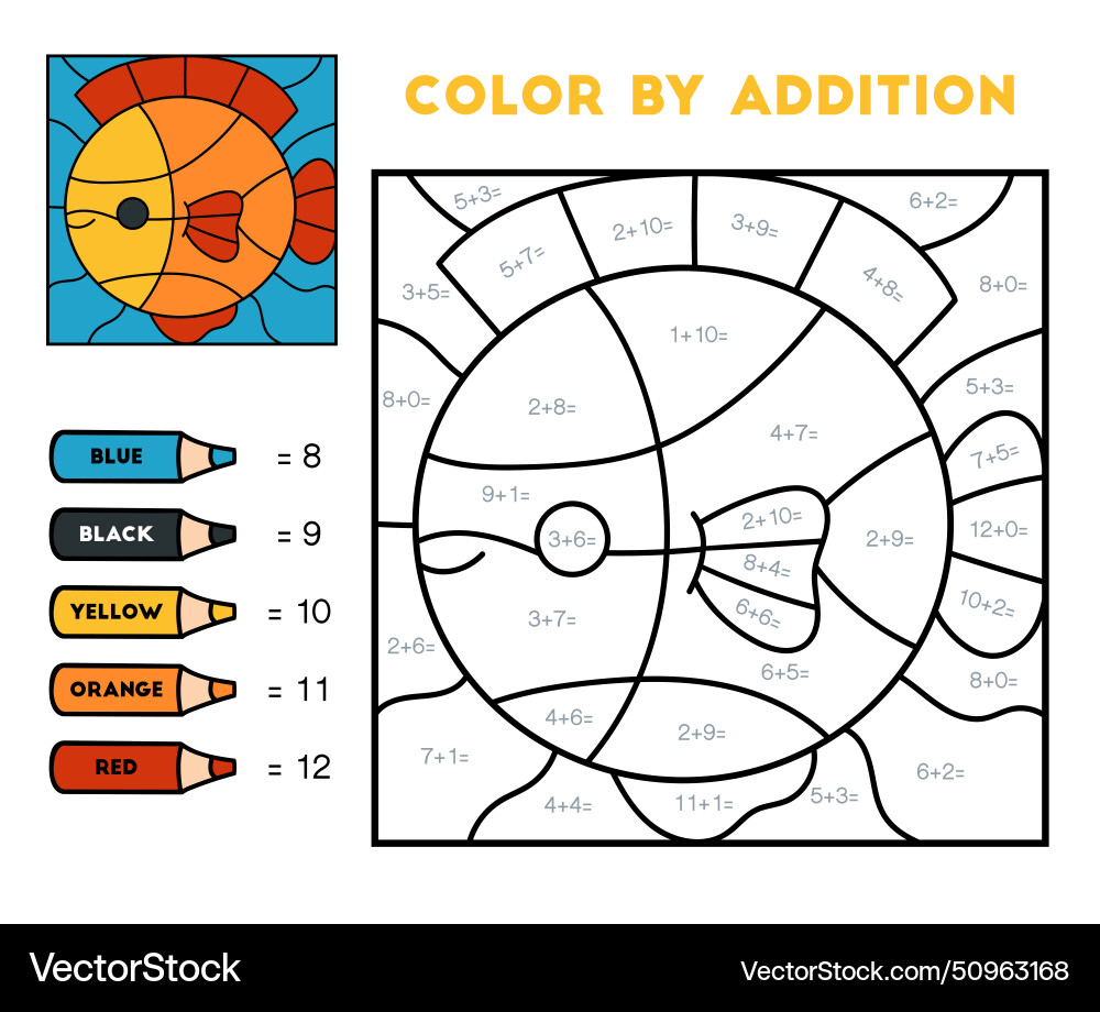 Color by addition education game for kids fish Vector Image