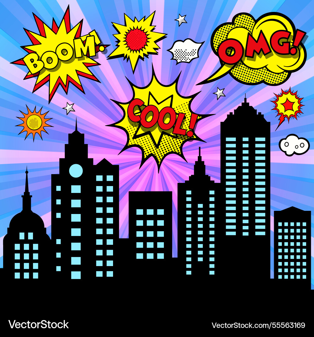 City skyline with comic expressions celebrating Vector Image