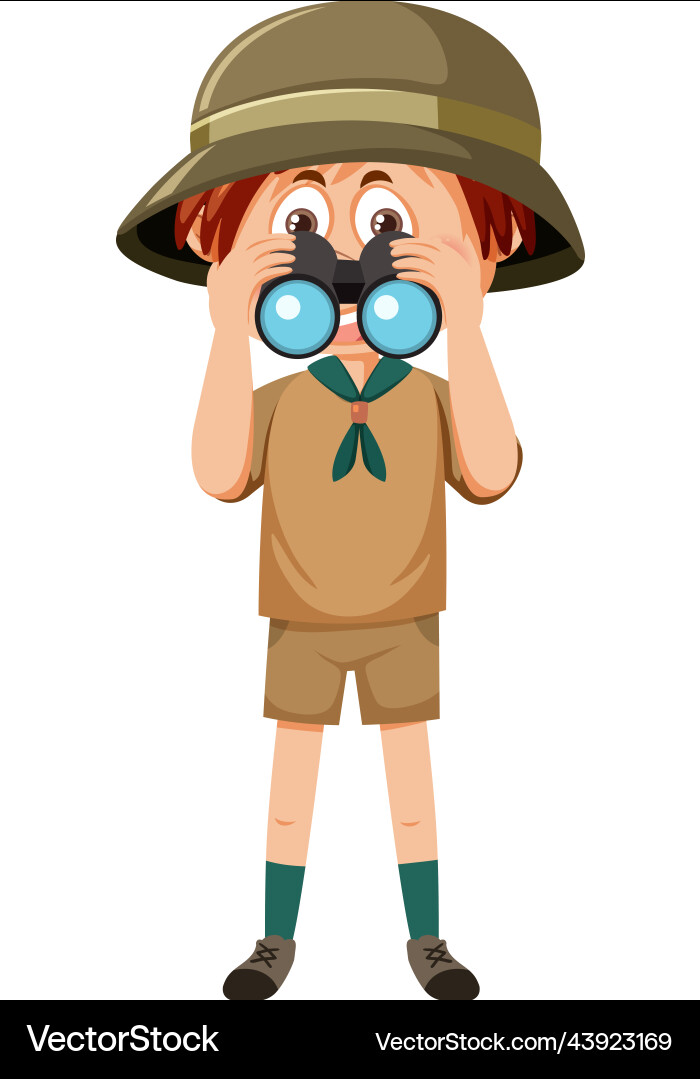 Cute boy scout cartoon character looking through Vector Image