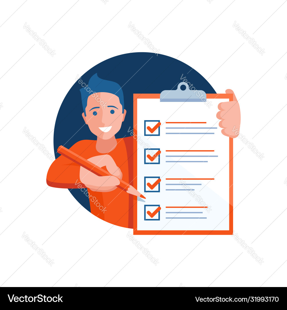 Checklist icon - smiling man with completed list Vector Image