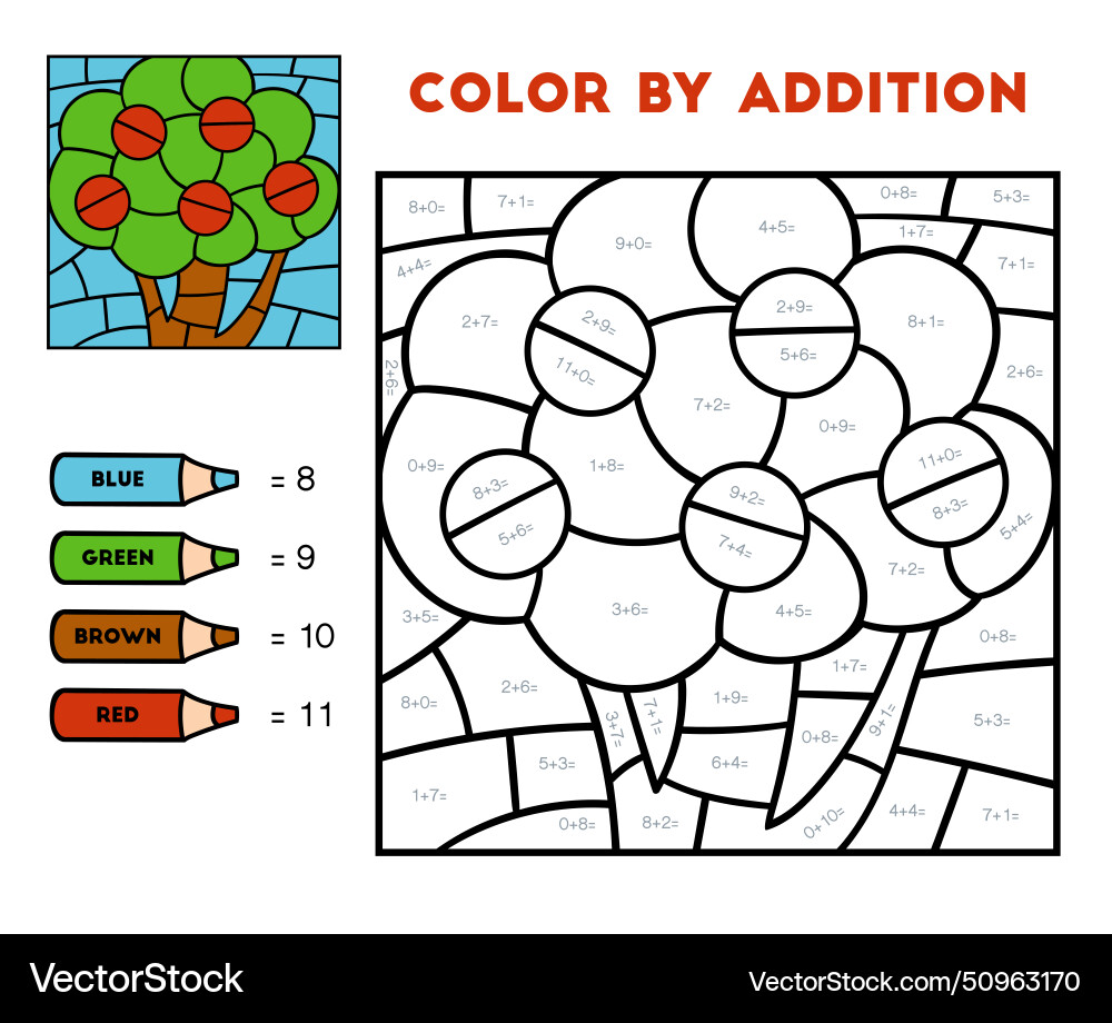 Color by addition education game for kids apple Vector Image