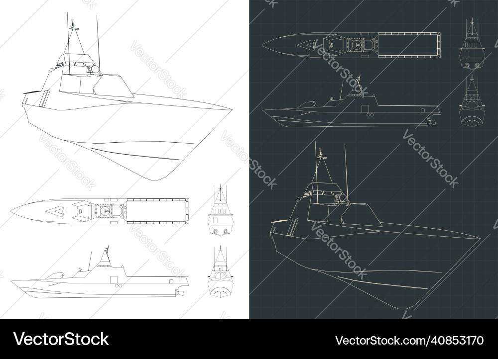 Modern stealth corvette blueprints Royalty Free Vector Image