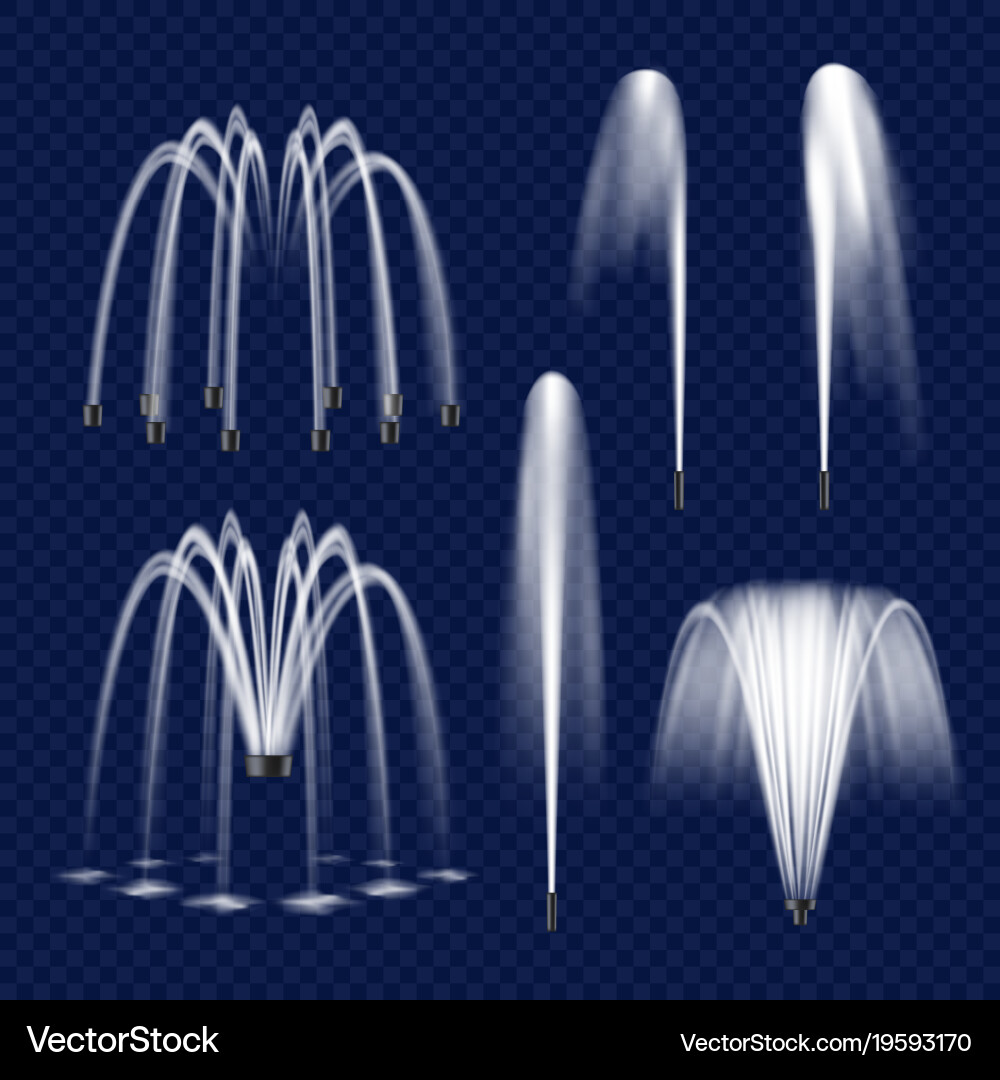 Realistic fountain with water jet icon set Vector Image