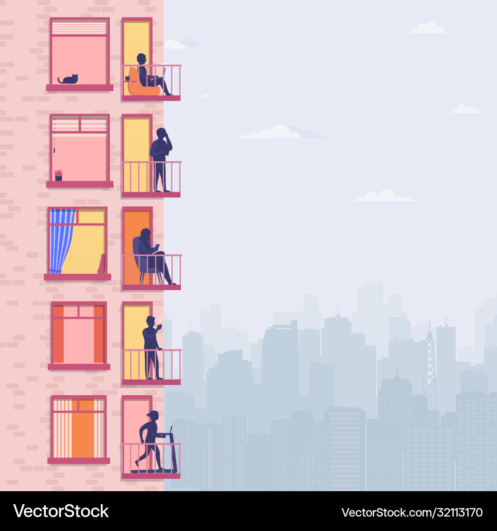 Residential building with people on open window Vector Image