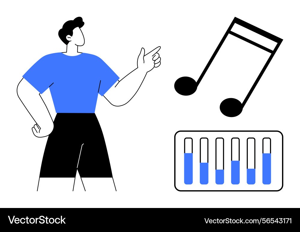 Man pointing towards musical notes with sound Vector Image