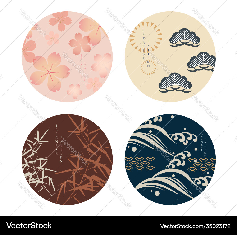 Asian circle icon set with japanese cherry Vector Image