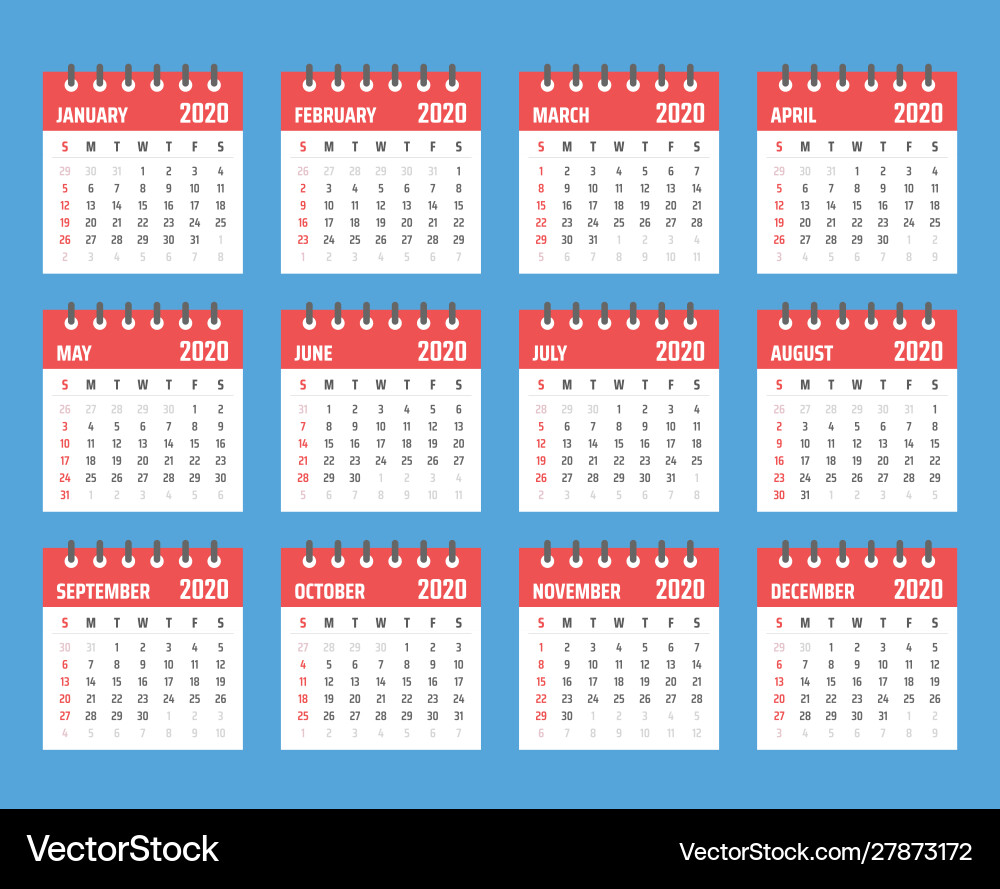 Calendar for 2020 starts sunday Royalty Free Vector Image