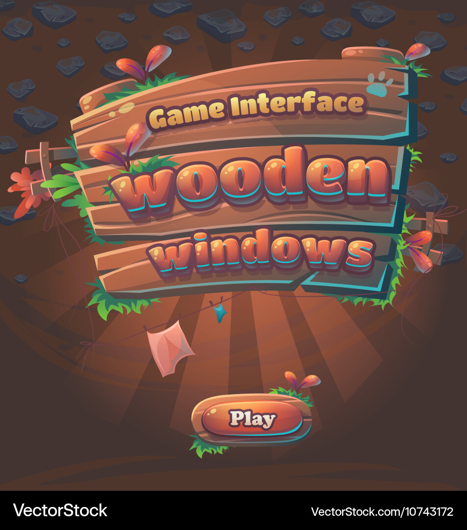 Wooden game user interface play window Royalty Free Vector