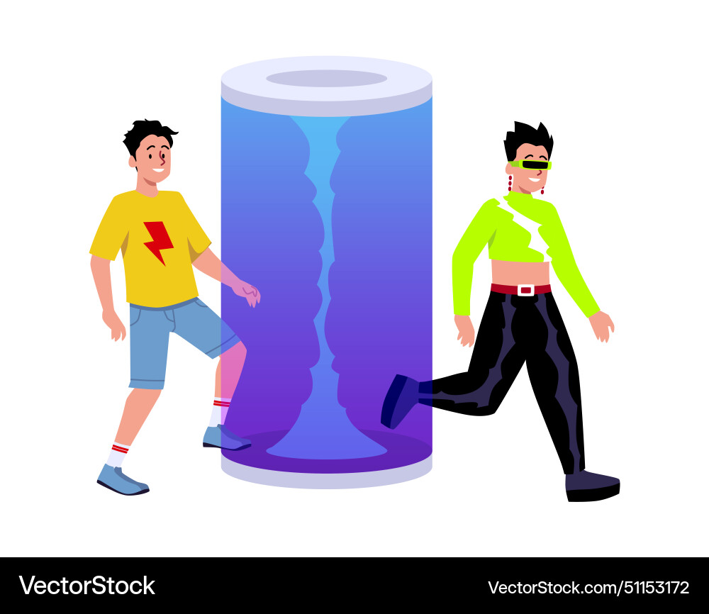 Young man going through teleport and change Vector Image