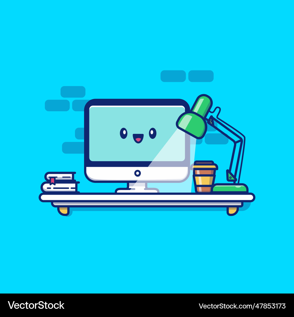 Cute computer in workspace cartoon Royalty Free Vector Image