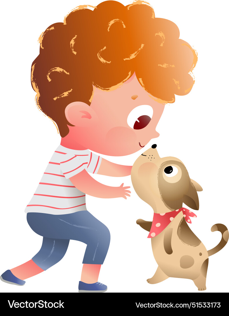 Little boy and his cute pet puppy dog playing Vector Image