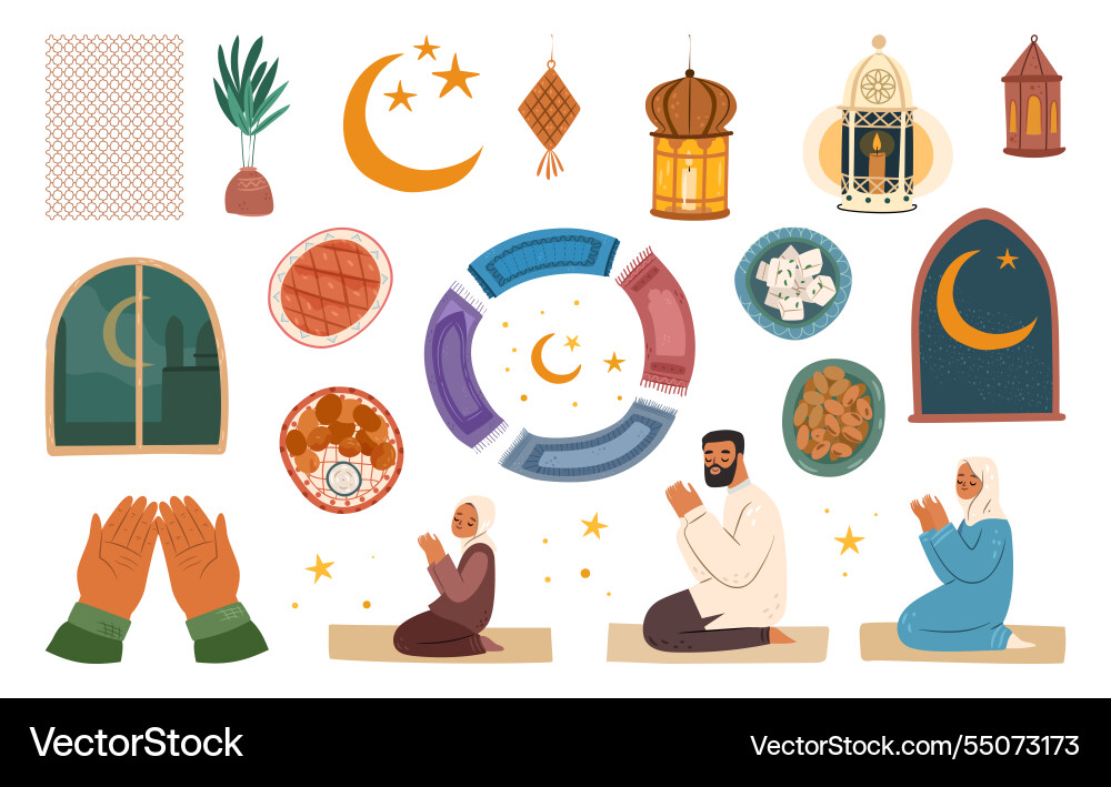 Ramadan symbols and traditions elements set Vector Image