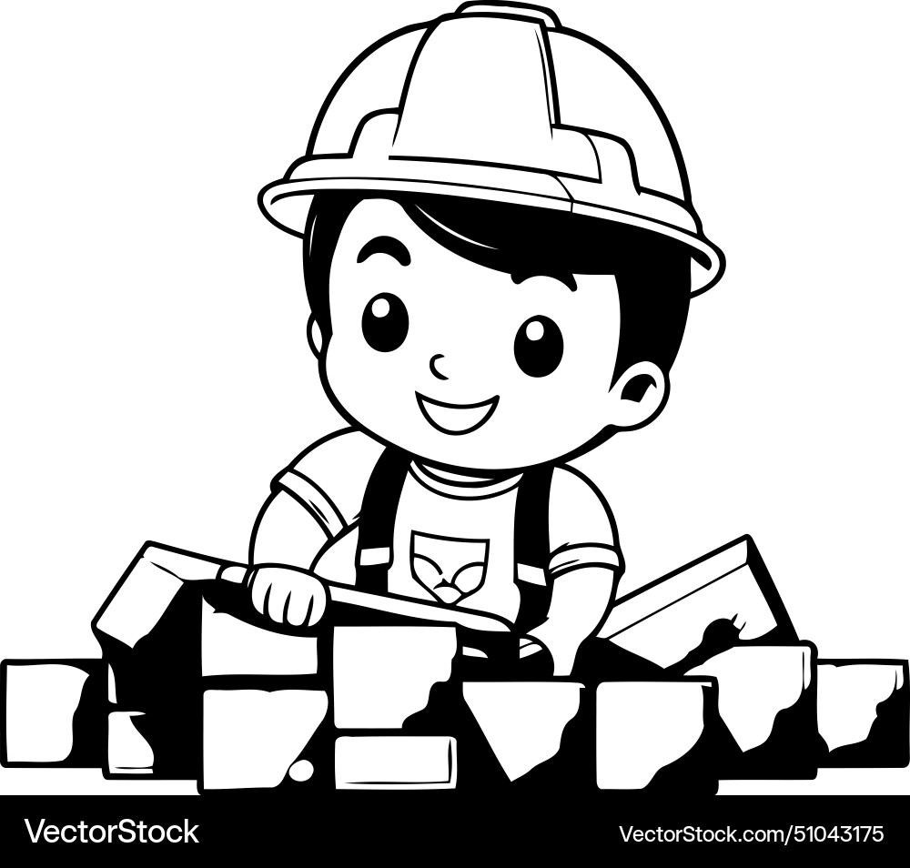 Cute builder with brick wall over white Royalty Free Vector