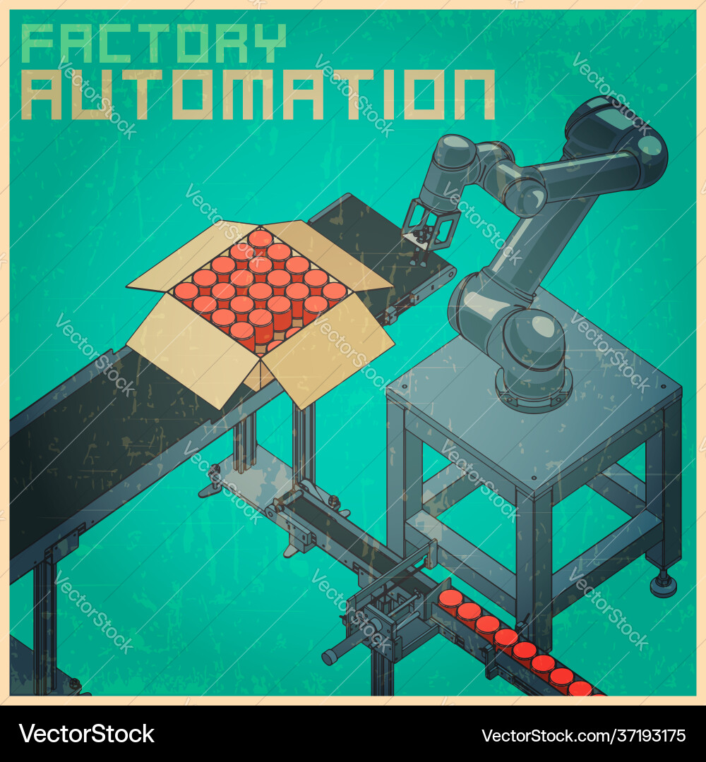 Robotic factory line retro poster Royalty Free Vector Image