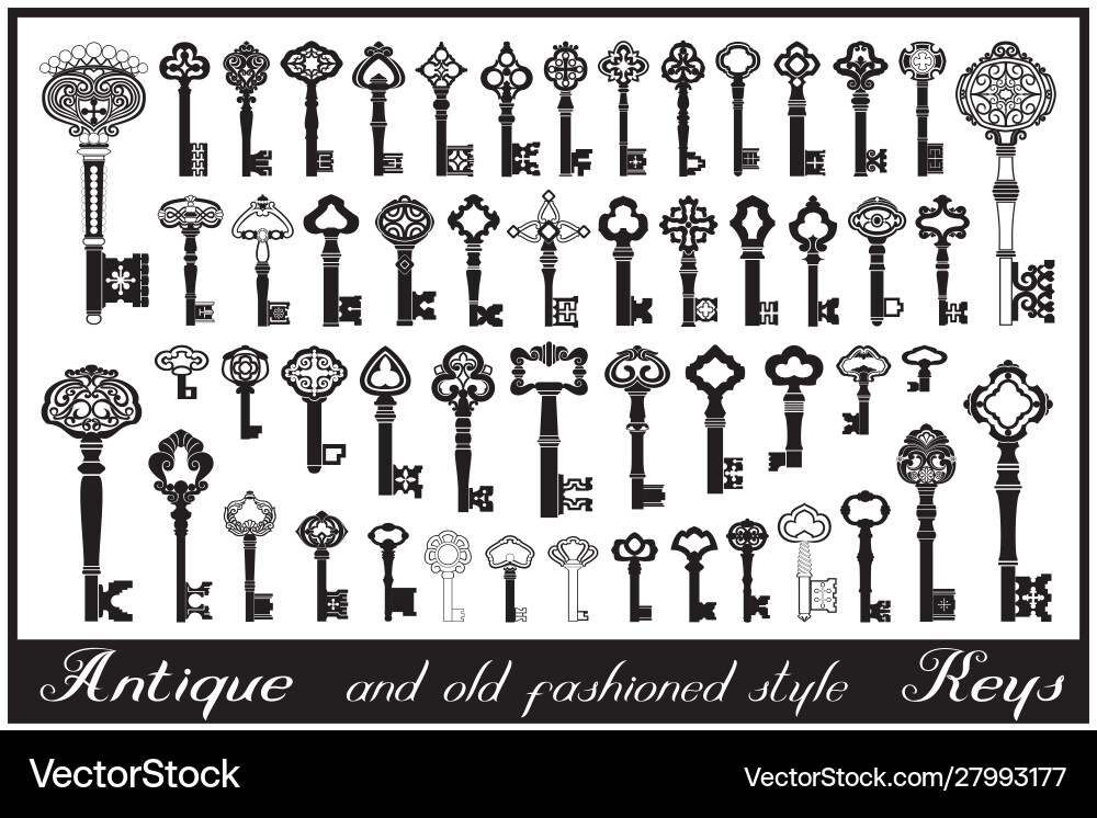Antique keys big collection Royalty Free Vector Image