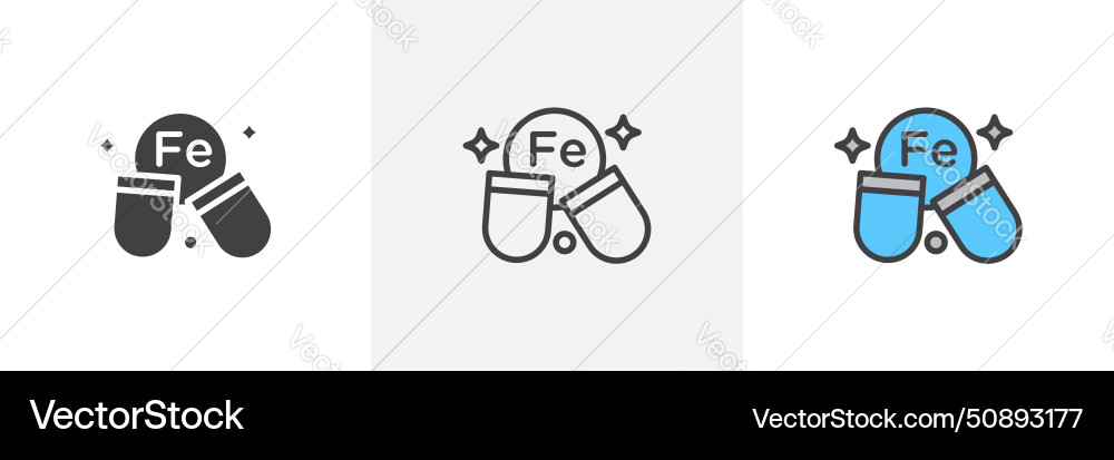 Iron capsule icon set fe vitamin and nutrient Vector Image