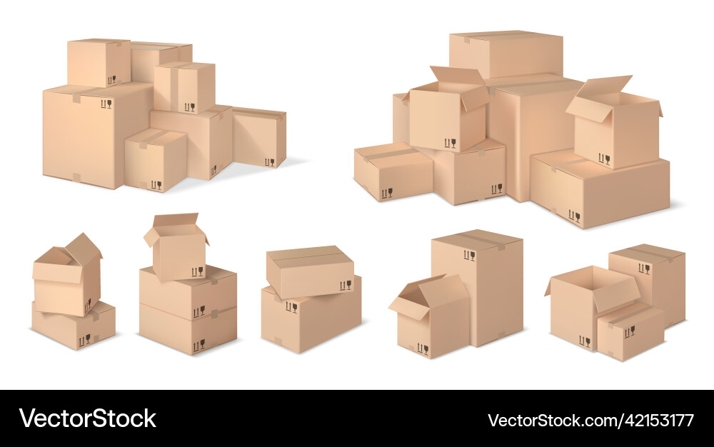 Realistic box stack stacked cardboard boxes Vector Image