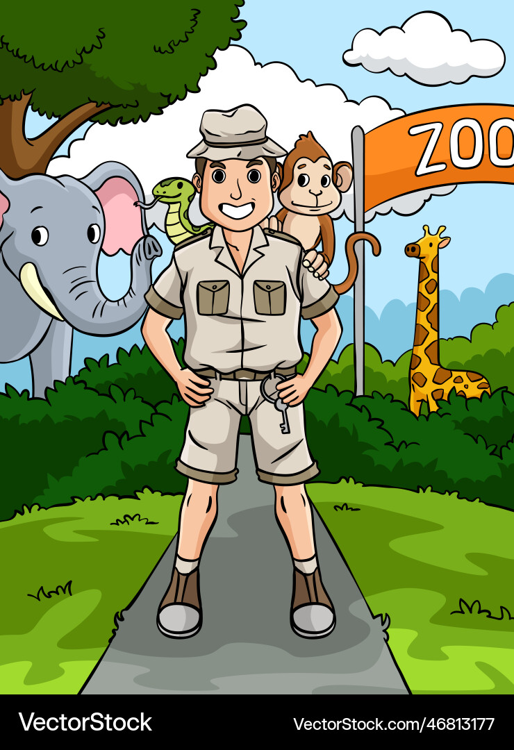 Zookeeper and animal colored cartoon Royalty Free Vector