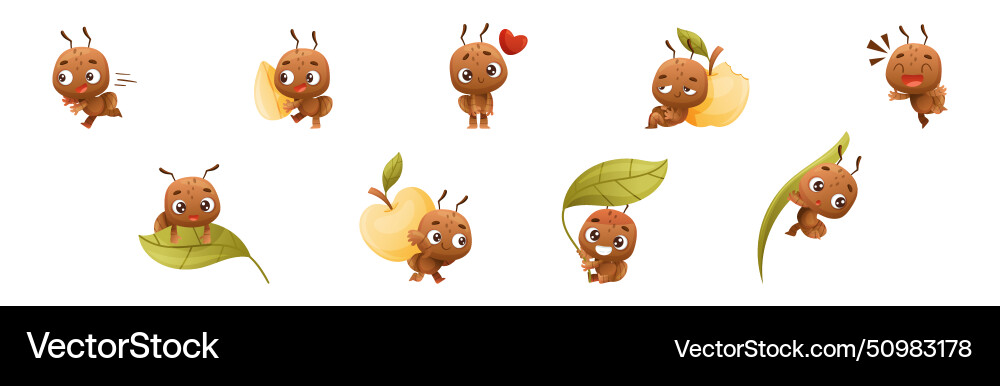 Cute Little Ant Character Engaged In Different Vector Image